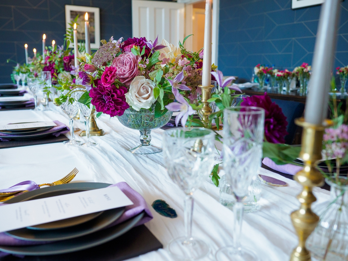 A modern elegant styled shoot with opulent colours
